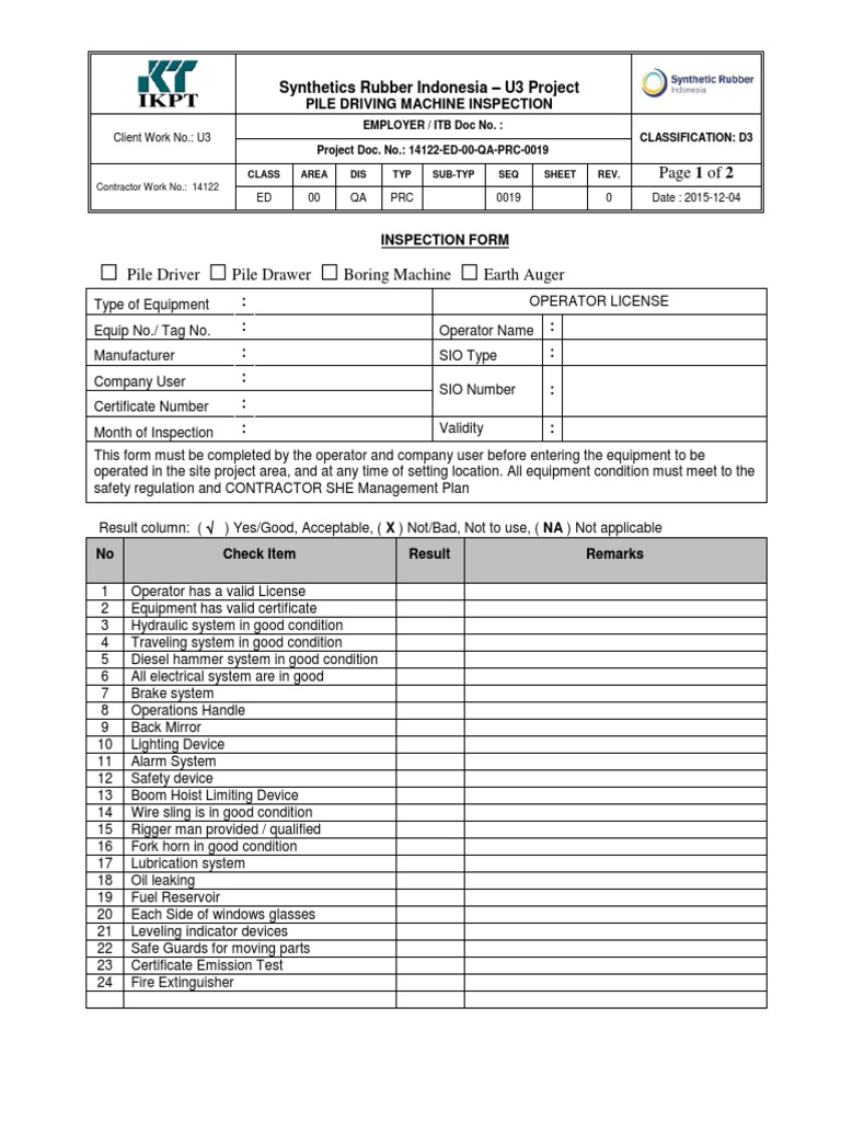 Form 03 Pile Driving Machine Inspection | PDF | Manufactured Goods