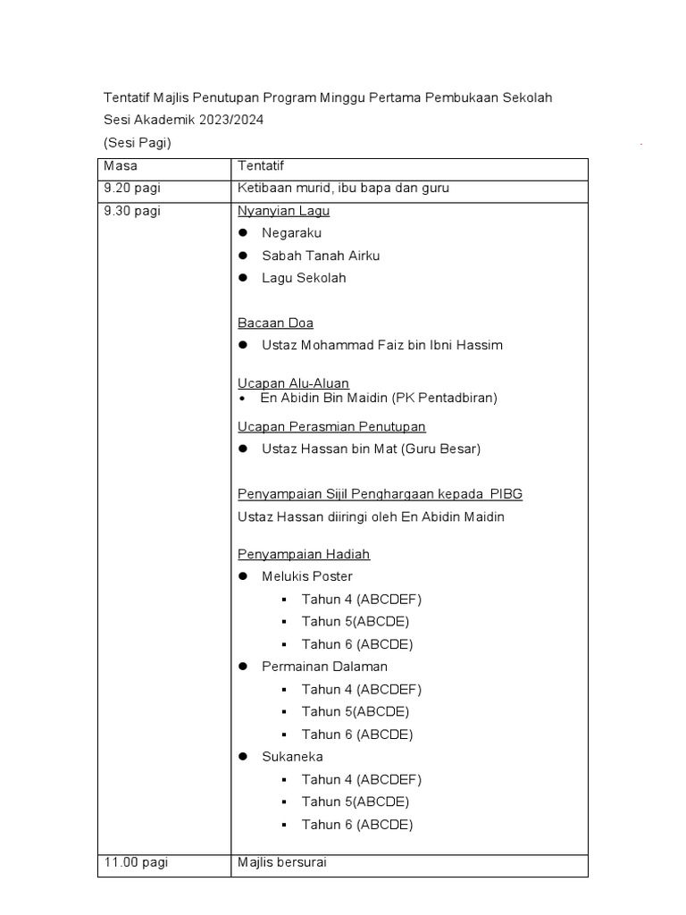 Tentatif Majlis Penutupan Program Minggu Pertama P | PDF