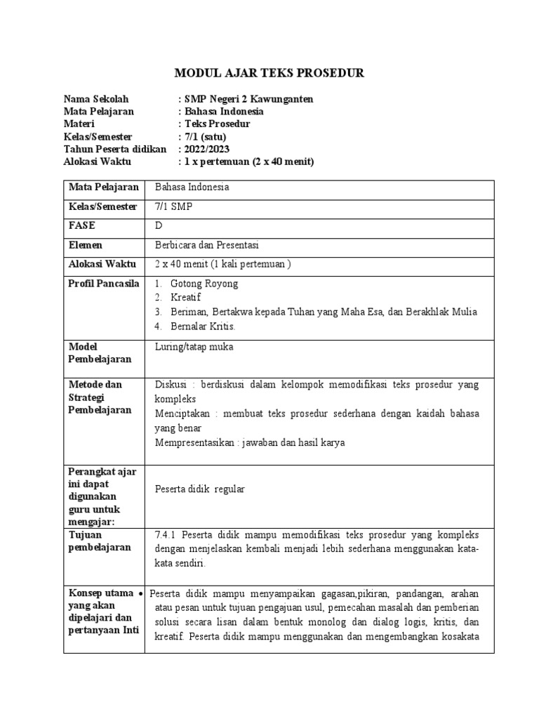 2 Modul Ajar Mempresentasikan Teks Prosedur Kelas 7 | PDF