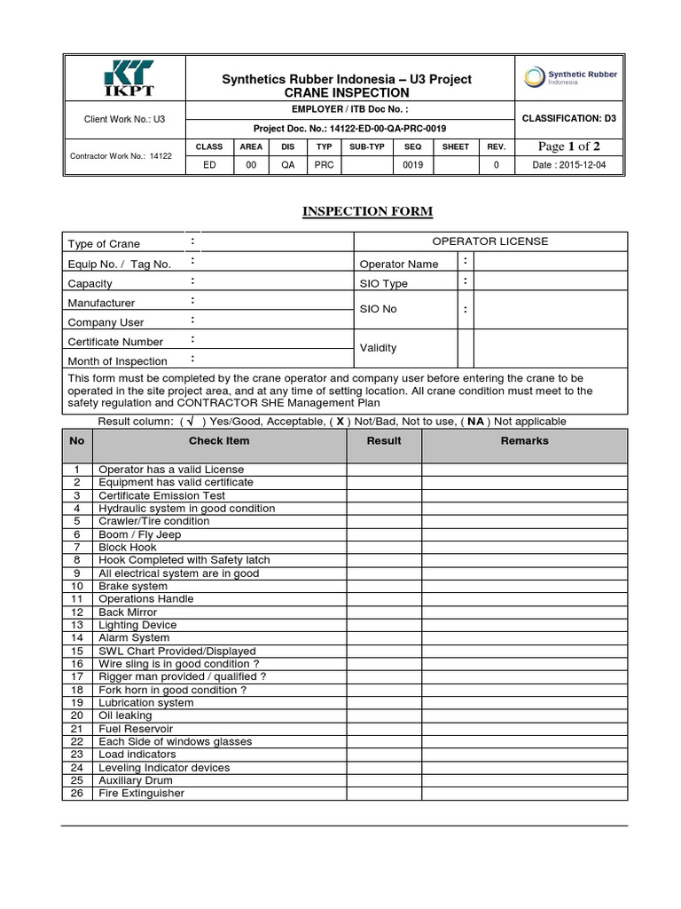 Crane Inspection Checklist Form | PDF | Crane (Machine) | Manufactured ...