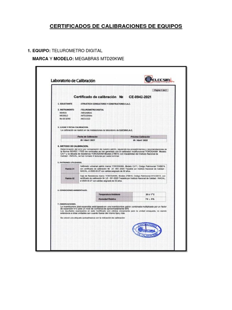 Listado de equipos e instrumentos de medición calibrados para trabajos ...