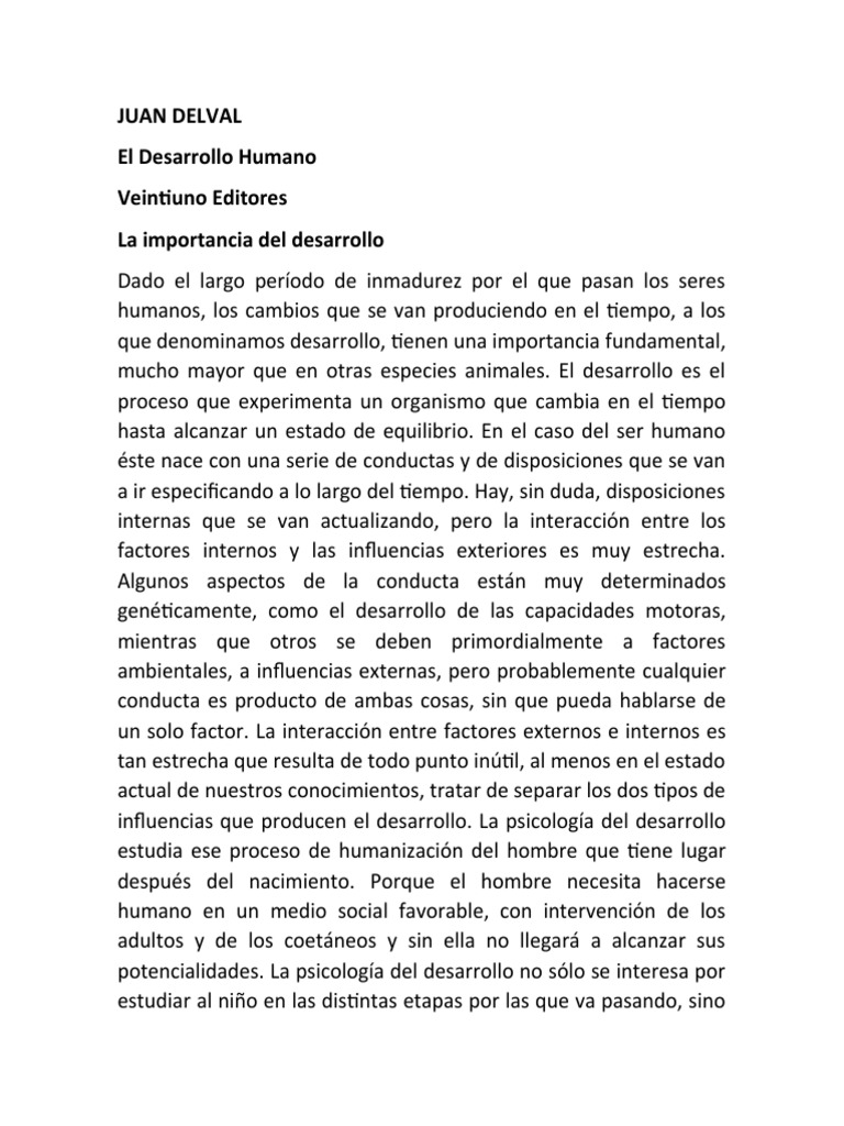 El Desarrollo Humano. Juan Delval | PDF | Sicología | Psicología del ...