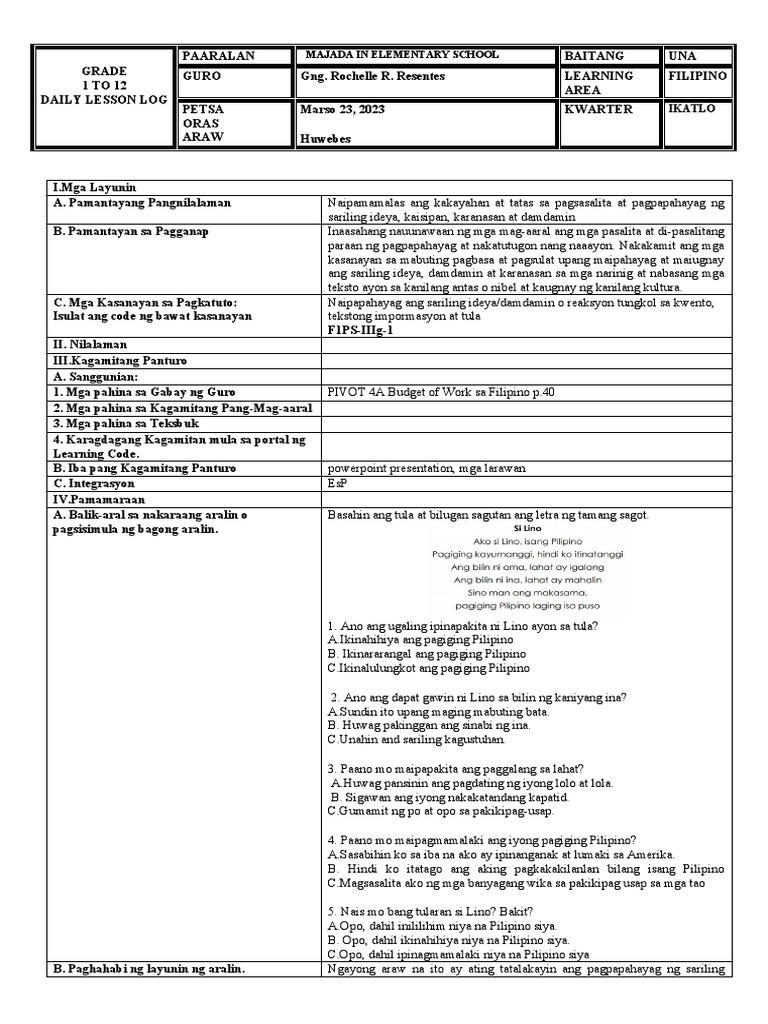 FILIPINO DLP Quarter 3 Week 6 Day 4 | PDF