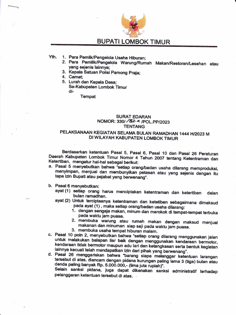 Surat Edaran Bupati 2023 | PDF