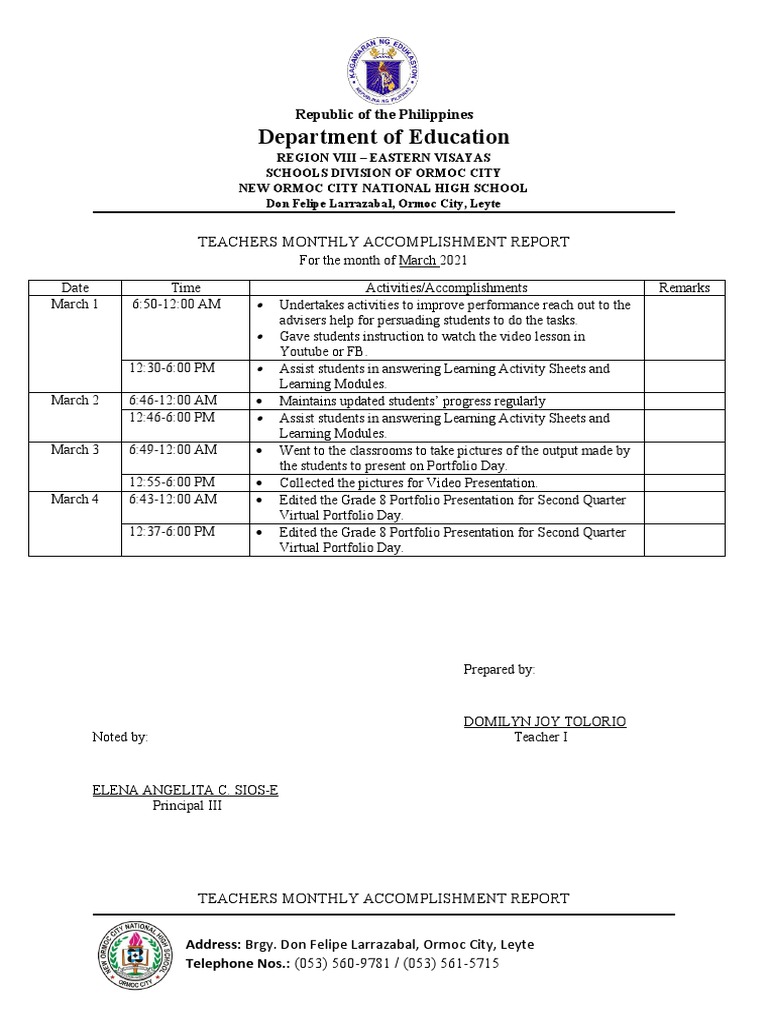 Teachers-Monthly-Accomplishment-Report March | PDF | Cognitive Science ...