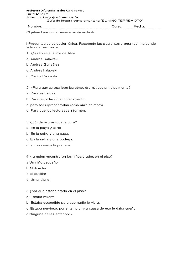 Guía de Lectura: El Niño Terremoto | PDF
