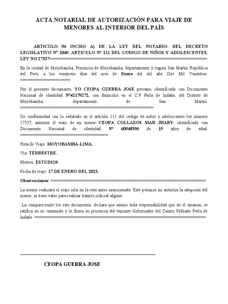 Acta Notarial de Autorización para Viaje de Menores Al Interior Del País | PDF