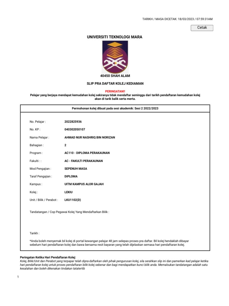 Universiti Teknologi Mara: 40450 SHAH ALAM Slip Pra Daftar Kolej Kediaman | PDF