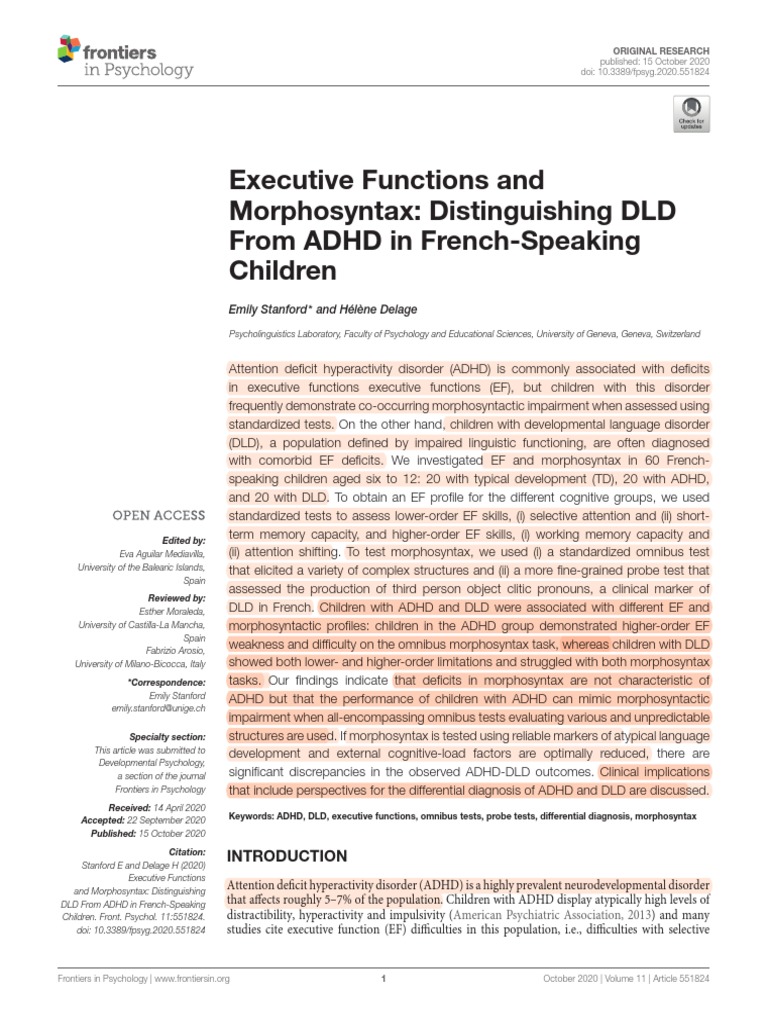 Stanford - 2020 - Executive Functions and Morphosyntax Distinguishing DLD From ADHD in French ...