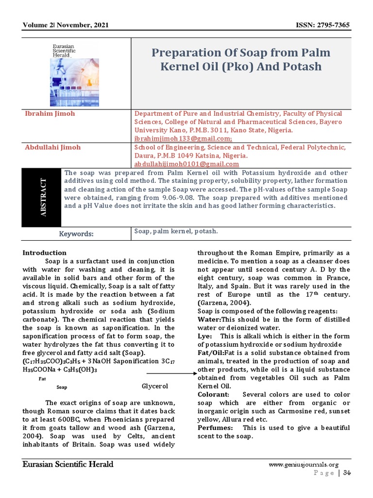 Preparation of Soap From Palm Kernel Oil (Pko) and Potash: Ibrahim Jimoh | PDF | Soap | Ph