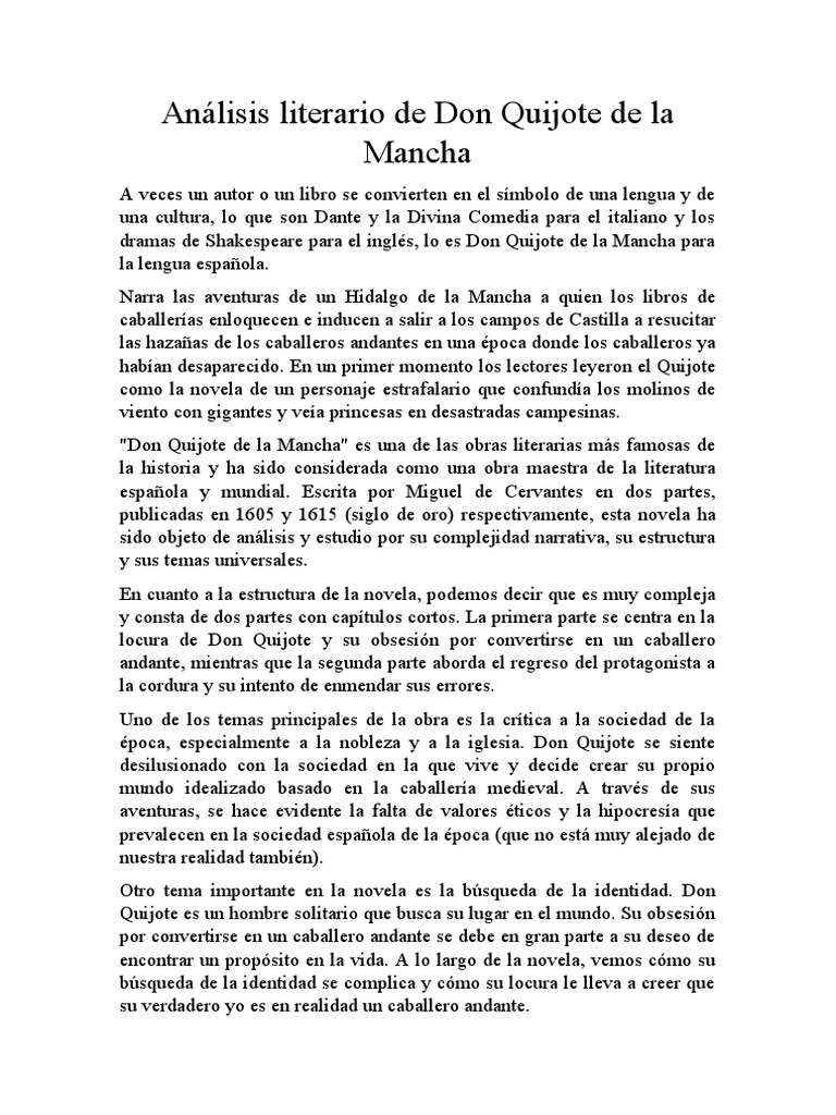 Análisis Literario de Don Quijote de La Mancha | PDF | Don Quijote ...