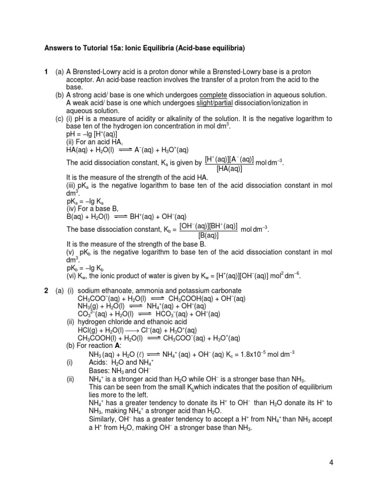 Acid Base Equilibria Tutorial - With Answers | PDF | Acid Dissociation ...