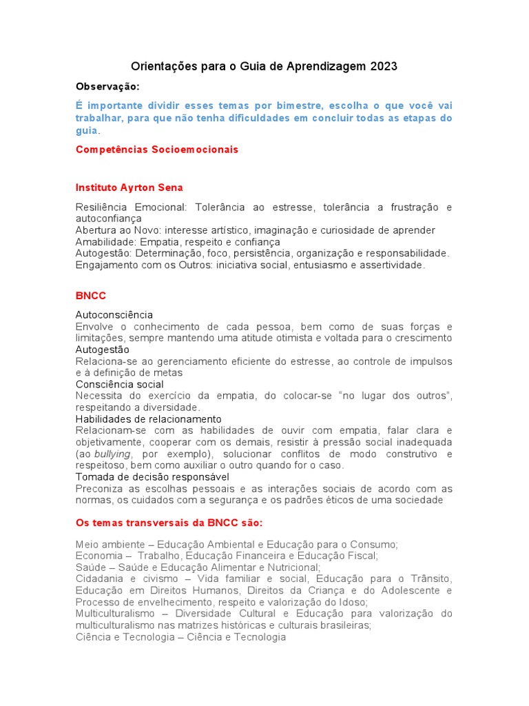 Orientações para o Guia de Aprendizagem 2023 | PDF | Aprendizado ...