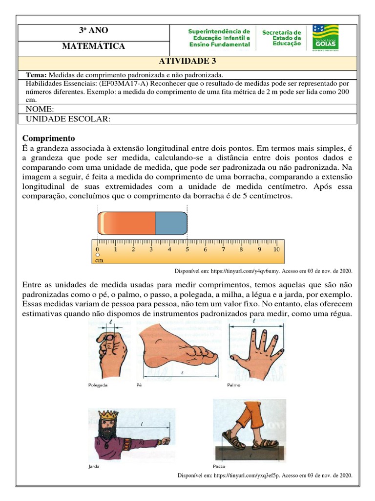 Atividade 3 Tema Medidas de Comprimento Padronizada e Nao Padronizada ...