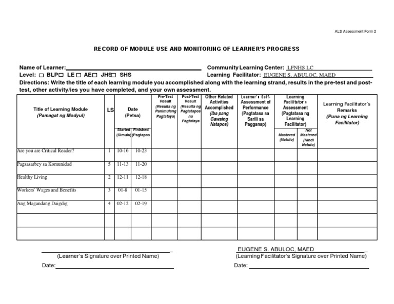 ALS Assessment Form 2 Overview | PDF | Cognitive Science | Learning