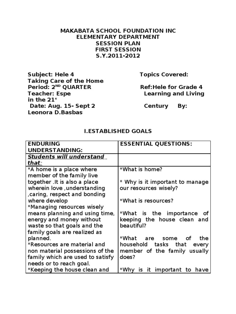 Session Plan Grade4 Session 4 | PDF | Housekeeping | Quality Of Life