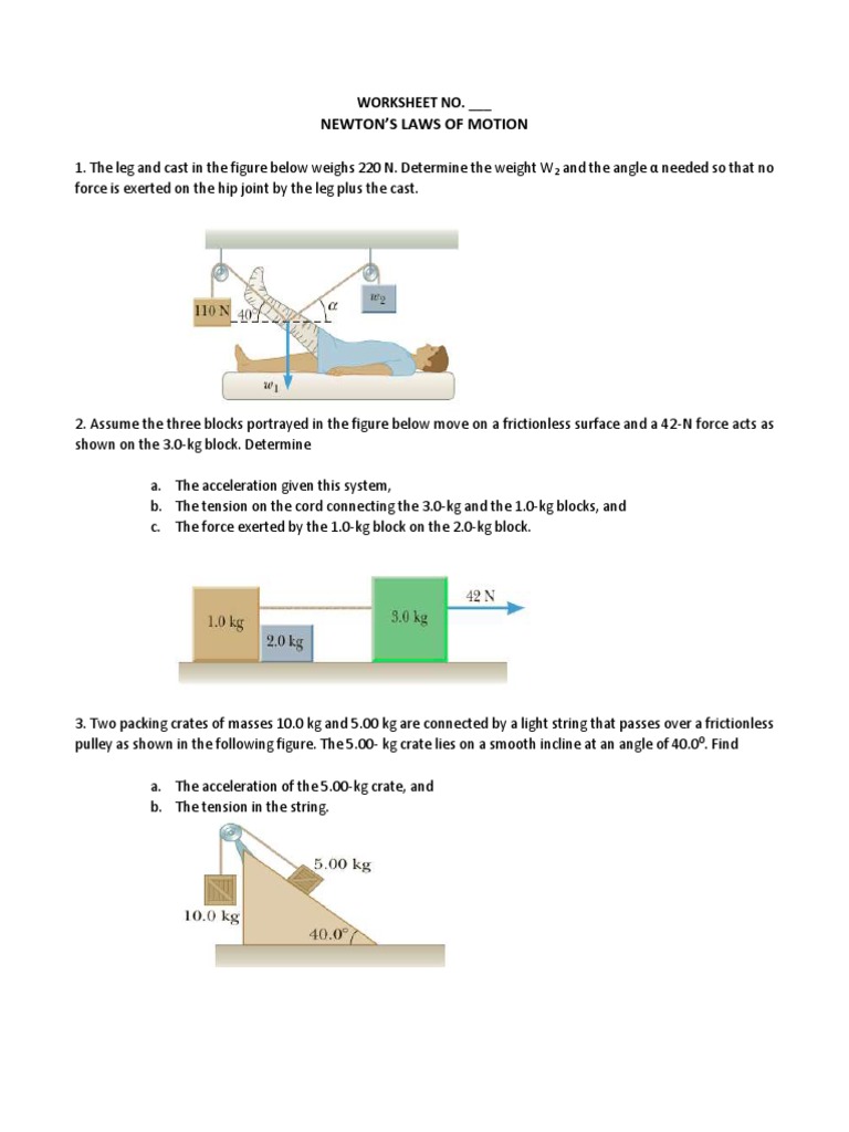 Newton'S Laws of Motion: Worksheet No. | PDF | Force | Tension (Physics)