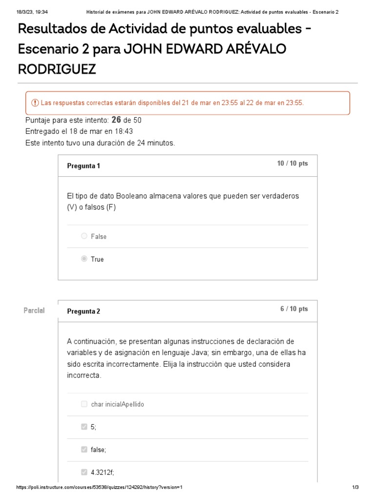 1 Intento Historial de Exámenes para JOHN EDWARD ARÉVALO RODRIGUEZ - Actividad de Puntos ...