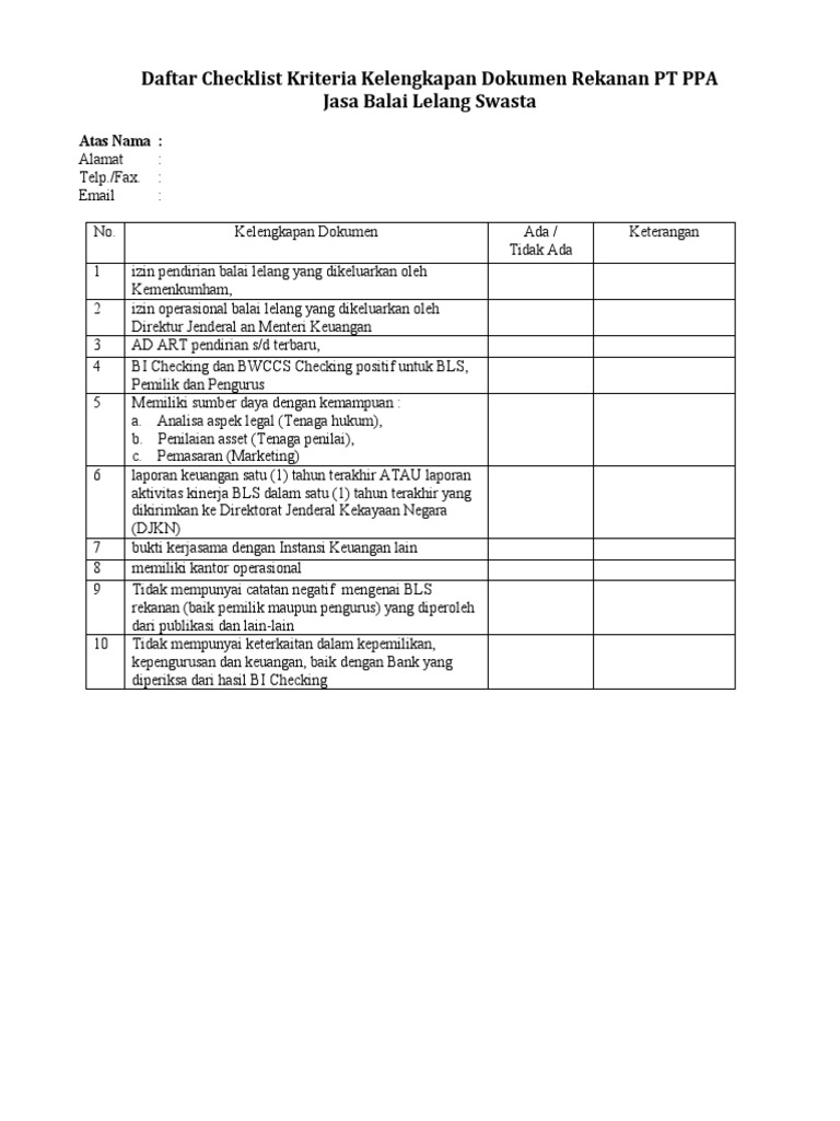 Checklist Dokumen Rekanan Balai Lelang | PDF | Pengelolaan Keuangan & Uang