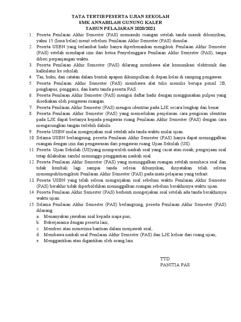 Tata Tertib Peserta Ujian Sekolah | PDF