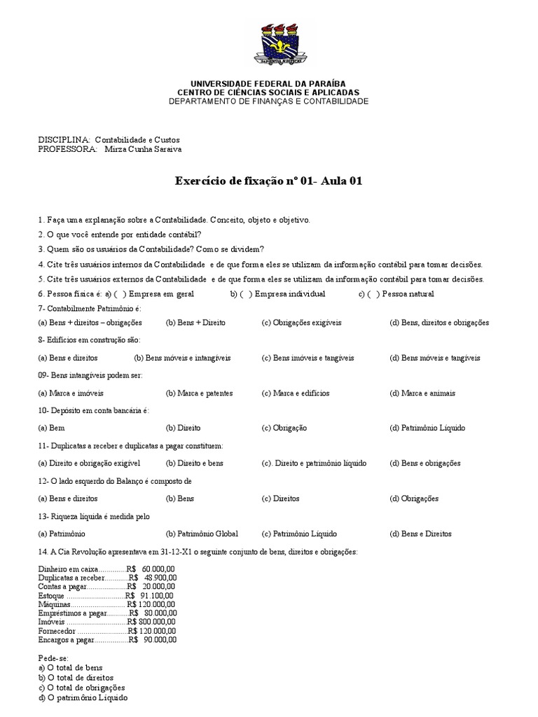Exercicio Fixacao Nº1 Contab e Custos | PDF | Contabilidade | Balancete