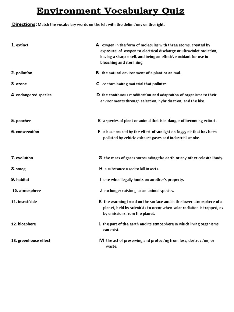 Environment Vocabulary Quiz | PDF