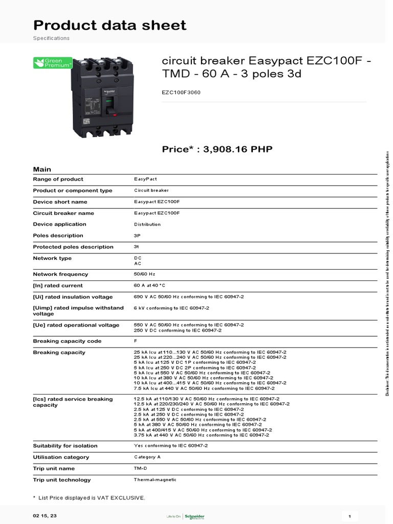 Product Data Sheet: Circuit Breaker Easypact EZC100F - TMD - 60 A - 3 ...