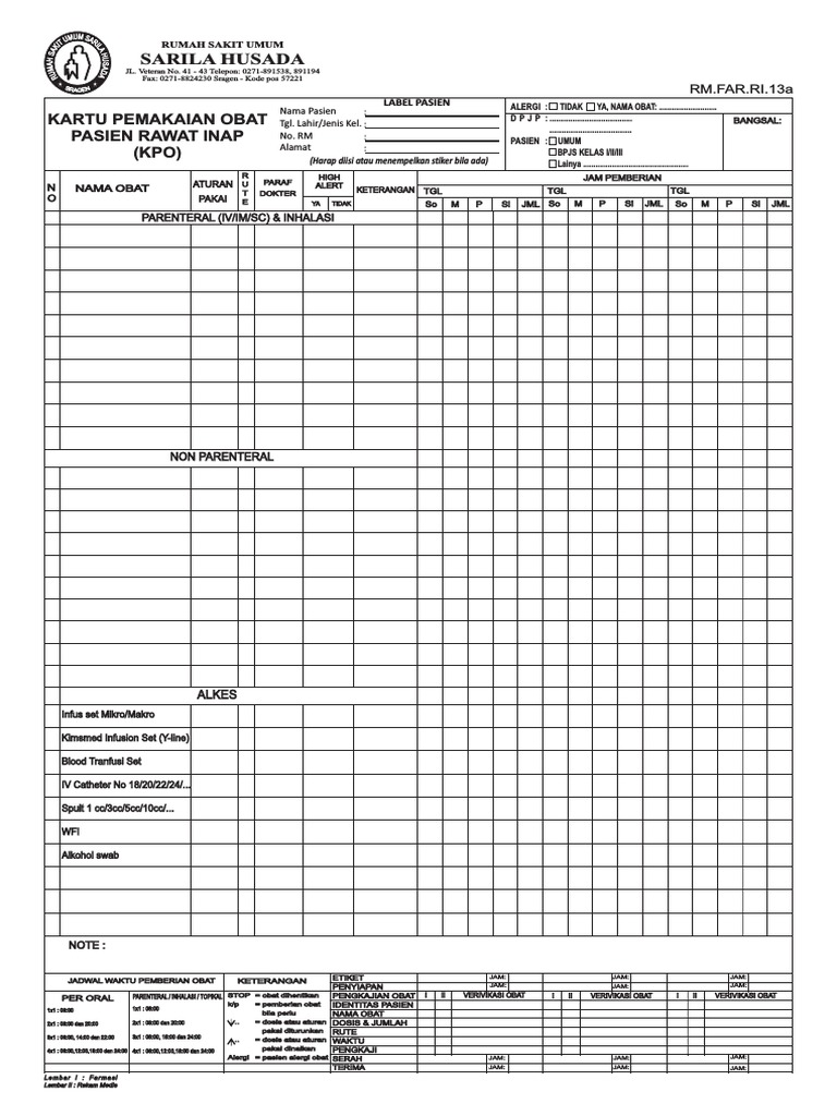 Sarila Husada: Kartu Pemakaian Obat Pasien Rawat Inap (KPO) | PDF