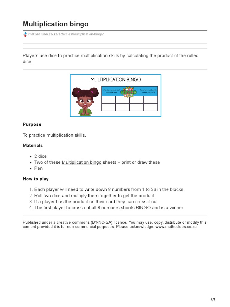 Multiplication Bingo Cards Using Dice