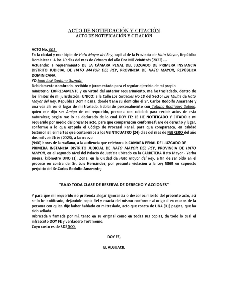 Acto de Notificación Y Citación | PDF | Gobierno | Justicia