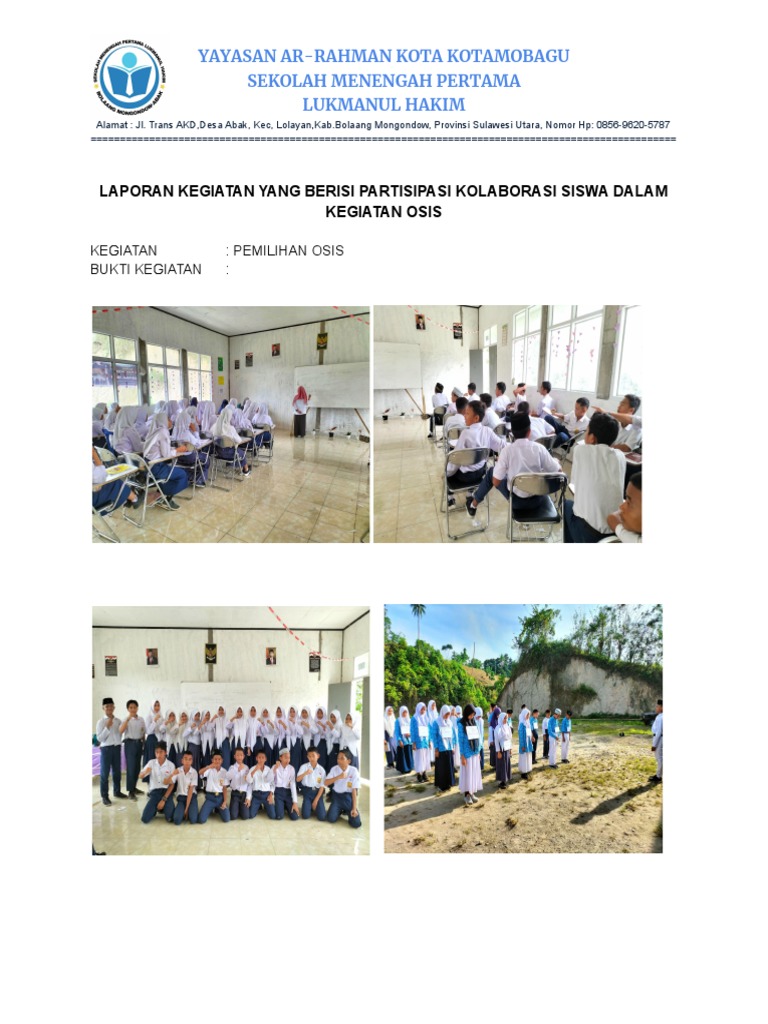 LAPORAN KEGIATAN YANG BERISI PARTISIPASI KOLABORASI SISWA DALAM KEGIATAN OSIS | PDF