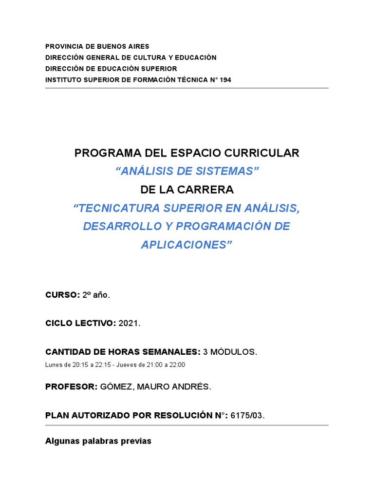 Programa 2021 - Análisis de Sistemas | PDF | Evaluación | Pensamiento