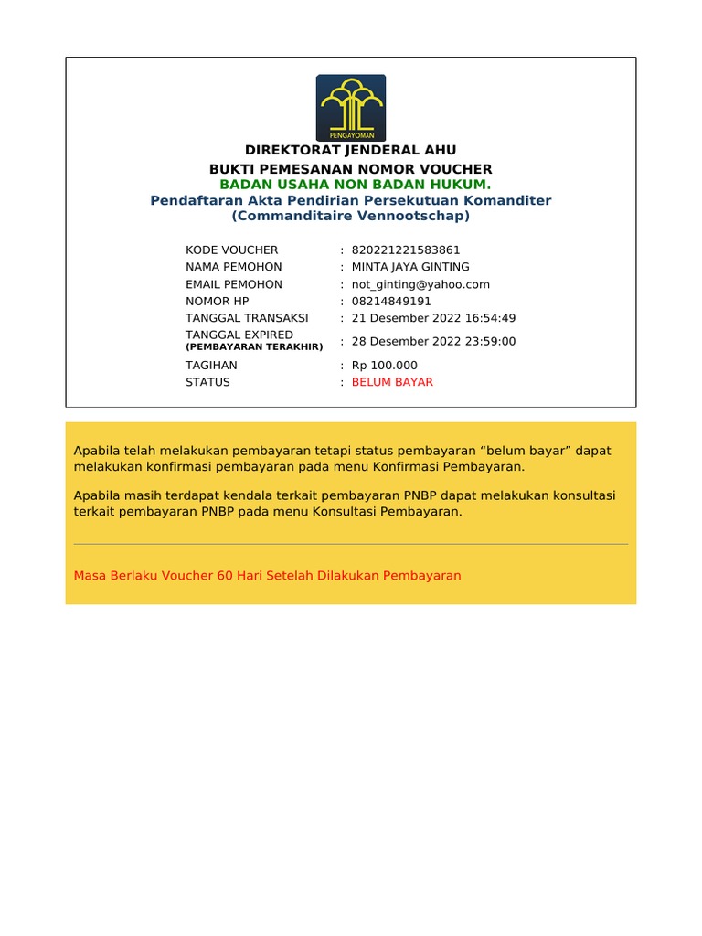 Payment Confirmation for Commanditaire Vennootschap Establishment Act ...