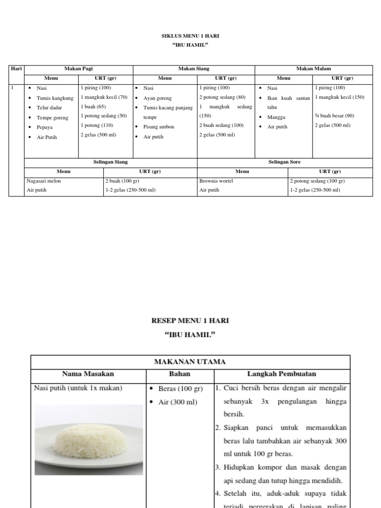 Siklus Menu 1 Hari - Ibu Hamil | PDF