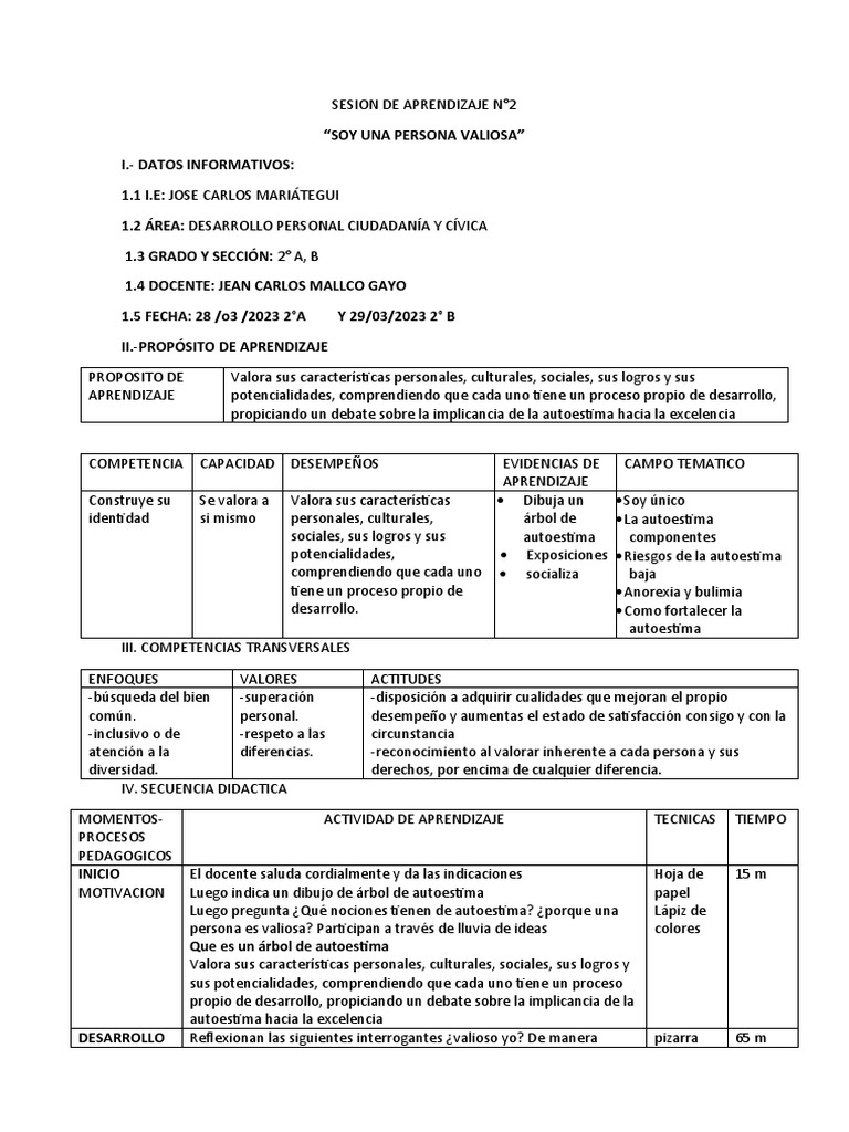 Sesion de Aprendizaje N 2 | PDF | Aprendizaje | Autoestima