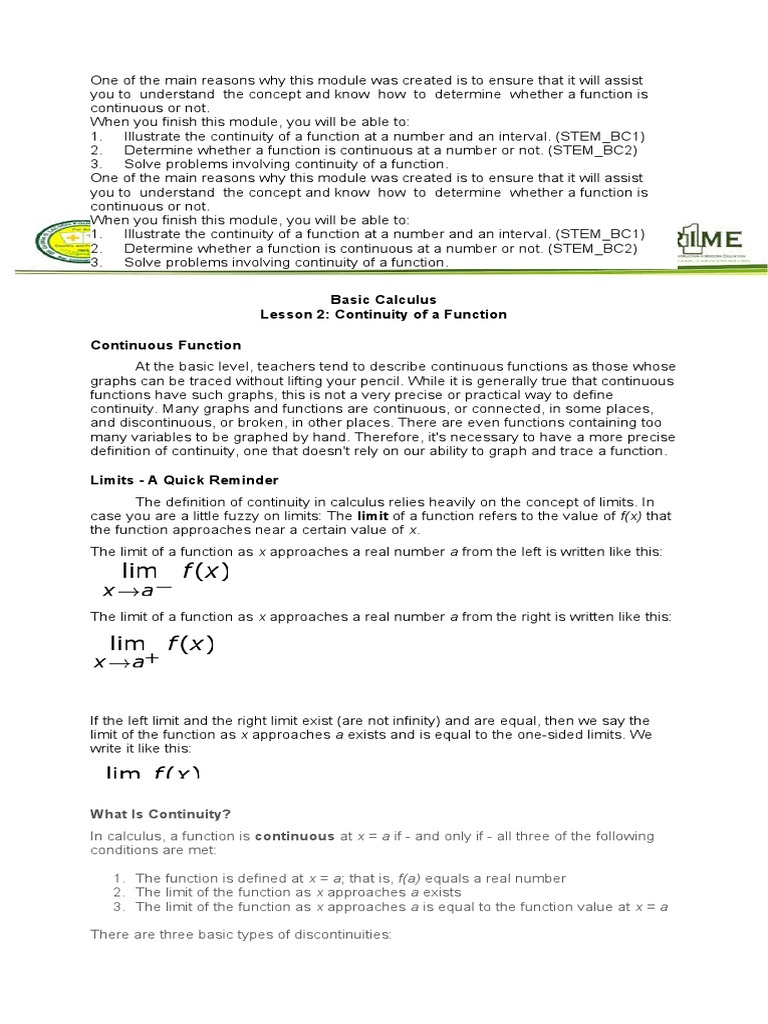 Basic Calculus Module Week 2 | PDF | Function (Mathematics) | Continuous Function