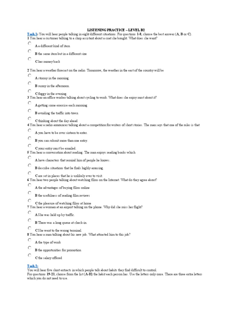 B2 Listening Practice Test with Answers | PDF | Teachers | Cognition
