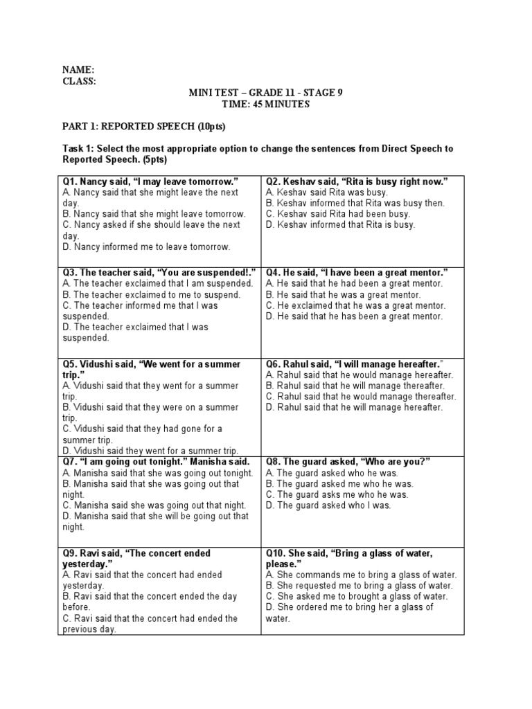 Mini Test - Stage 9 - Reported Speech + Reading B2 LEVEL | PDF ...