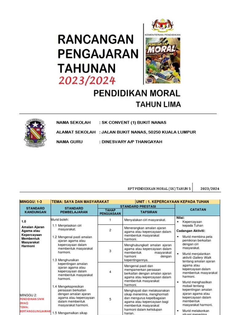 RPT P.moral THN 5 2023-2024 | PDF