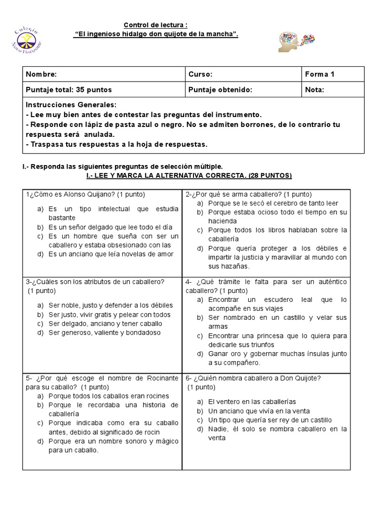 Ejercicios de comprensión: Don Quijote | PDF | Don Quijote | Ficcion ...