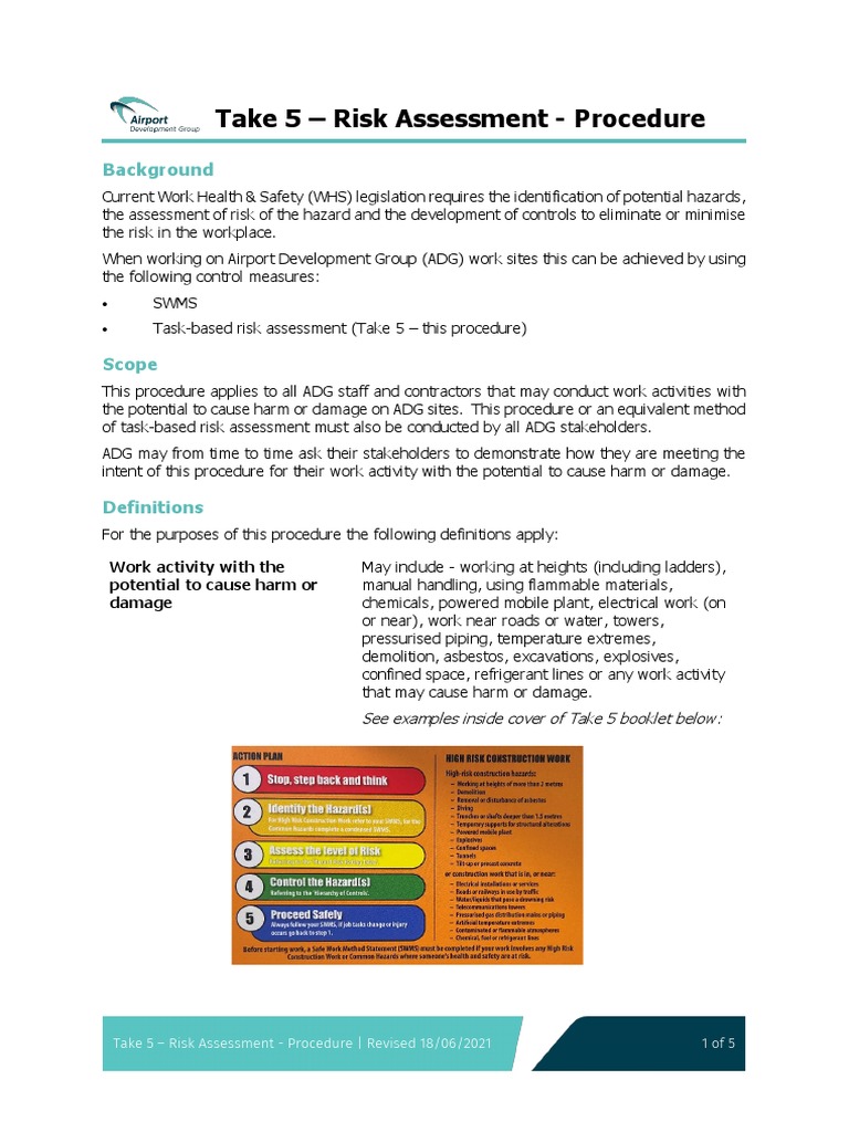 Adg - Take 5 - Risk Assessment Procedure | PDF | Hazards | Risk