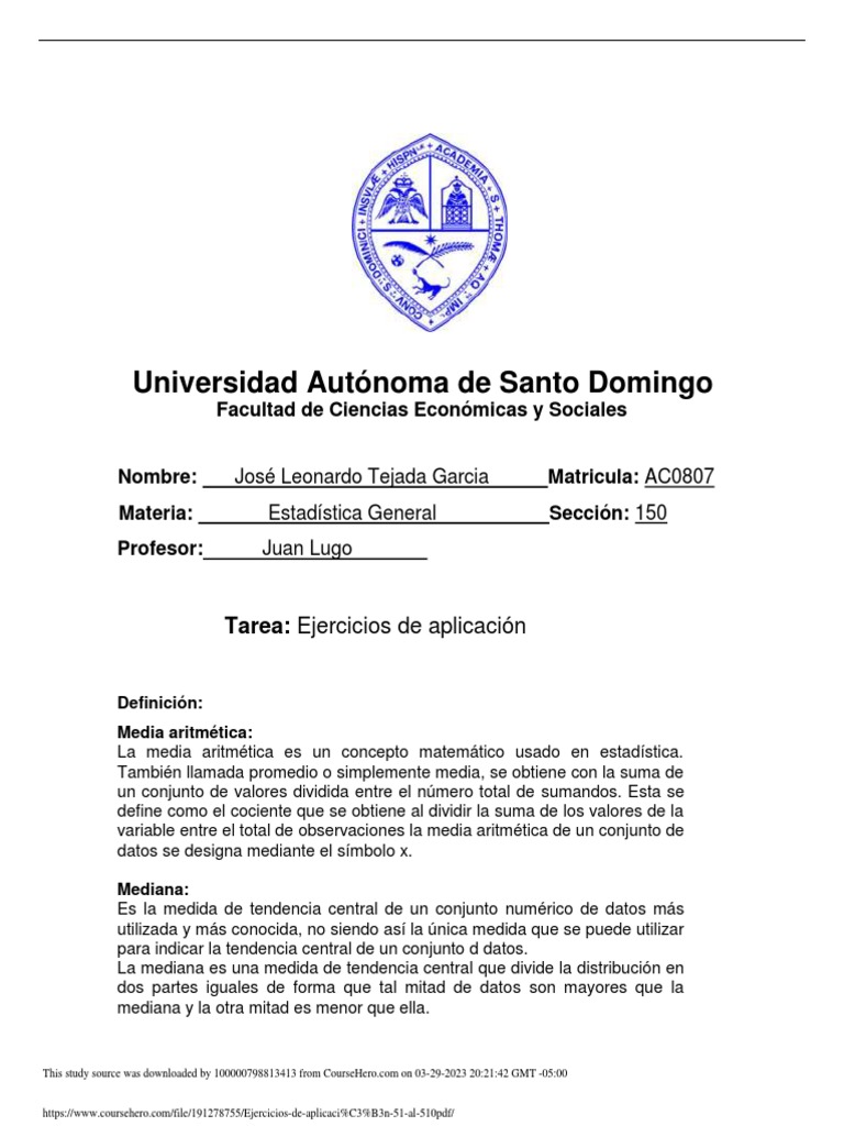 Ejercicios de Aplicaci N 5.1 Al 5.10 PDF | PDF | Media | Matemáticas