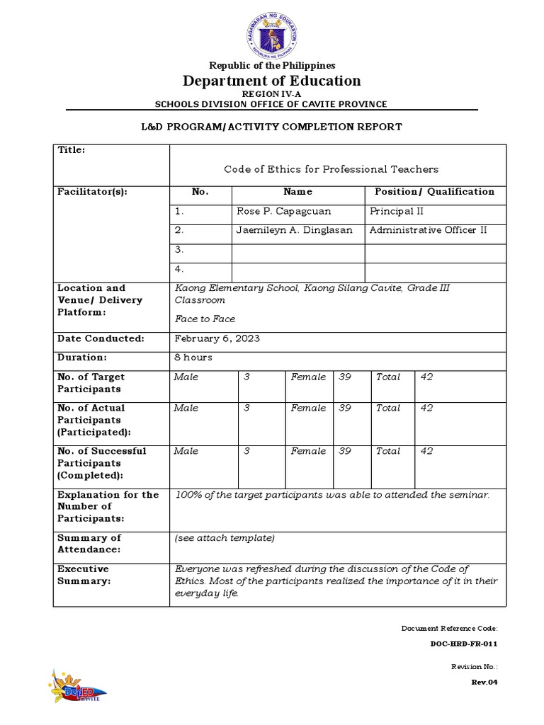 DOC-HRD-FR-011-LD-Program_Activity-Completion-Report-Professional-Code-of-Ethics | PDF ...