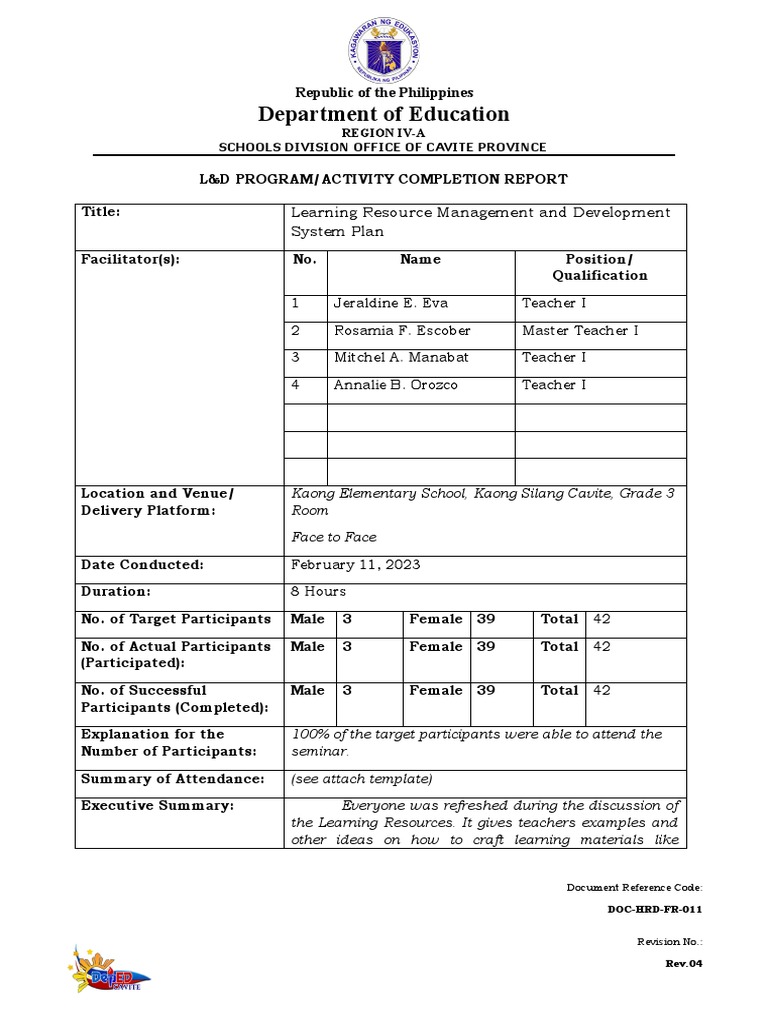 LR DOC HRD FR 011 LD Program - Activity Completion Report LR | PDF ...