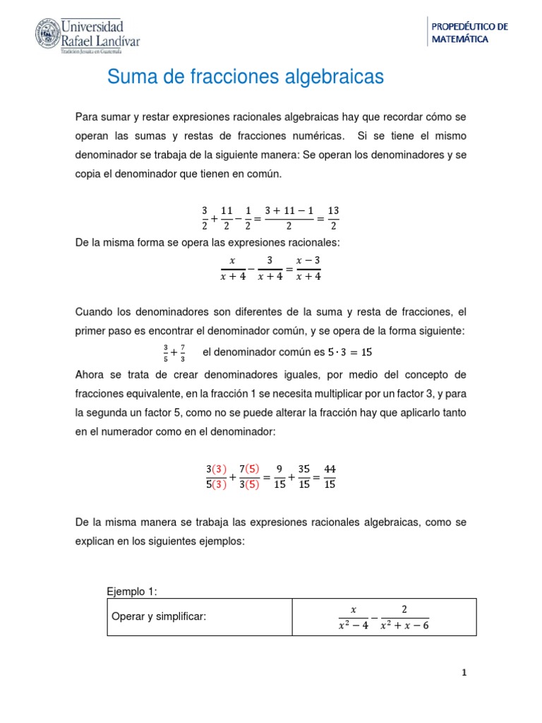 Suma y Resta Expresiones Racionales, Fracciones Complejas | PDF ...