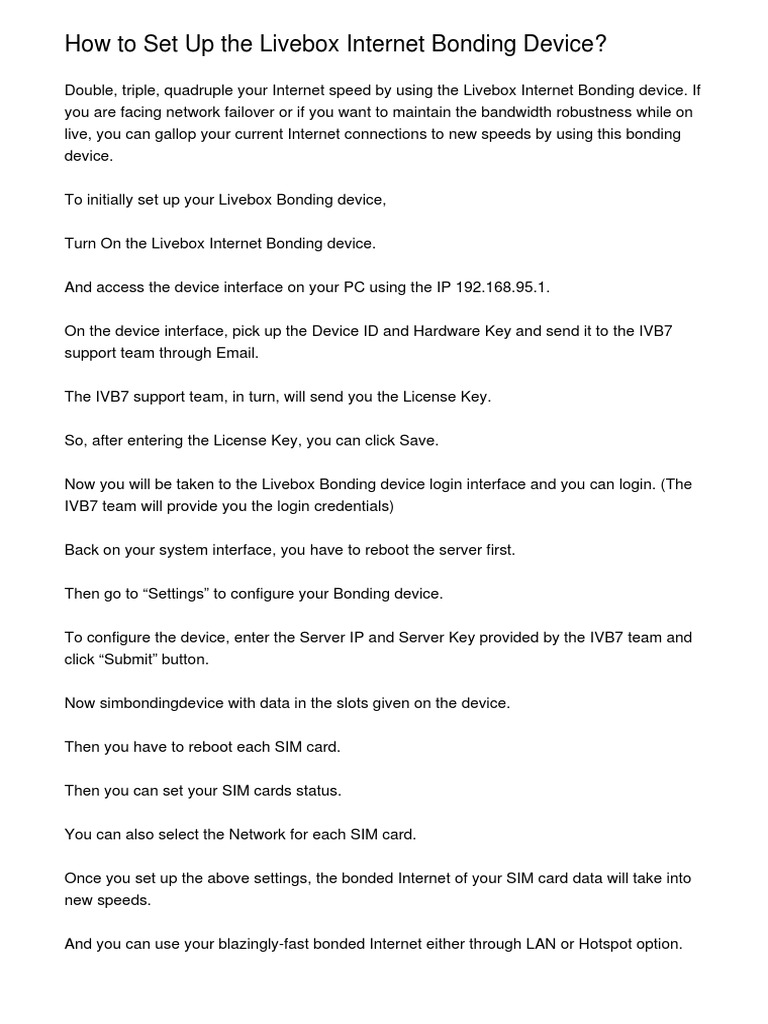 How To Set Up The Livebox Internet Bonding Devicesklzt PDF | PDF ...