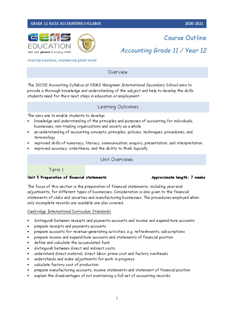 Grade 11 IGCSE Accounting Syllabus | PDF | Revenue | Learning
