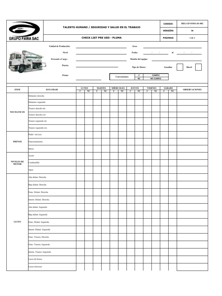 Reg-gp-Aa-01-006 Check List de Mixer y Pluma | PDF | Vehículos | Vehículos terrestres