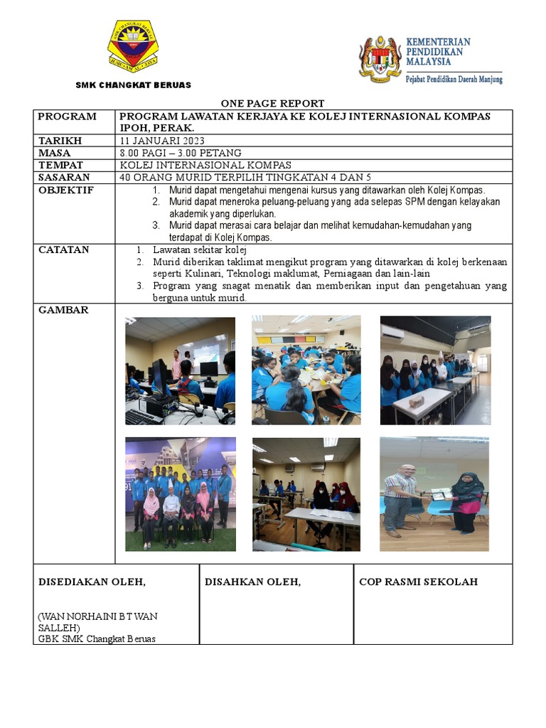 One Page Report Lawatan Kerjaya Ke Kolej Kompas | PDF