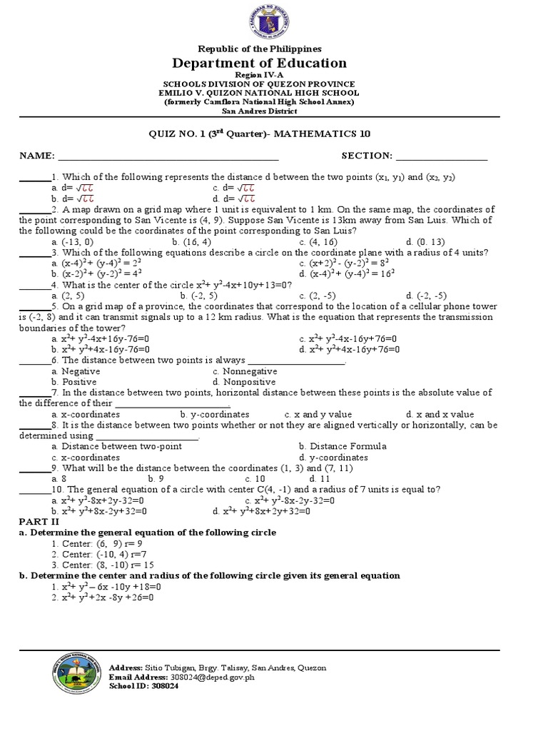 Quiz No. 1 - 3rd Quarter-G10 | PDF | Elementary Mathematics | Elementary Geometry